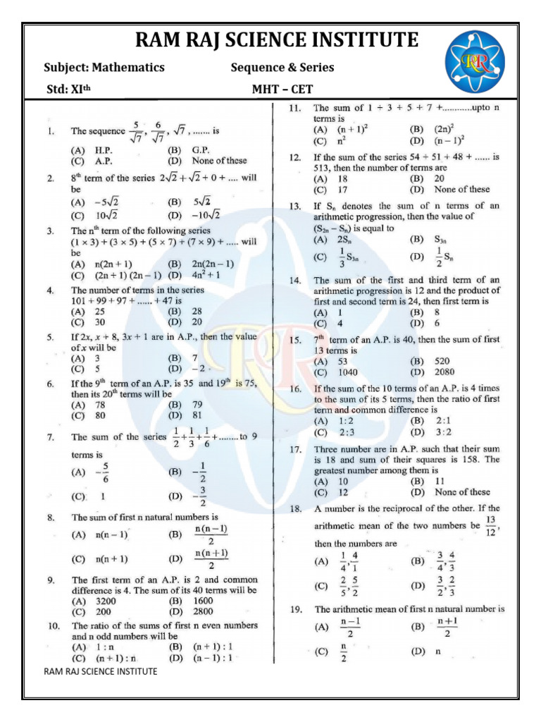 Sequence and Series Jee Mhtcet 11th | PDF