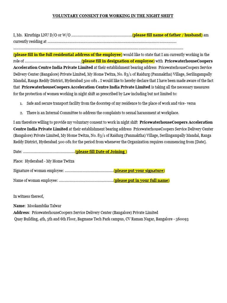 Kiruthiga LNU - VOLUNTARY CONSENT FOR WORKING IN THE NIGHT SHIFT | PDF