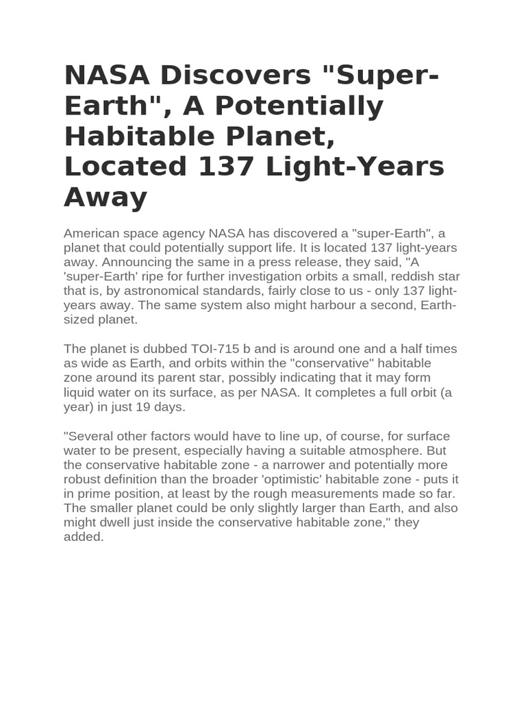 NASA Discovers Super-Earth, A Potentially Habitable Planet, Located 137 ...