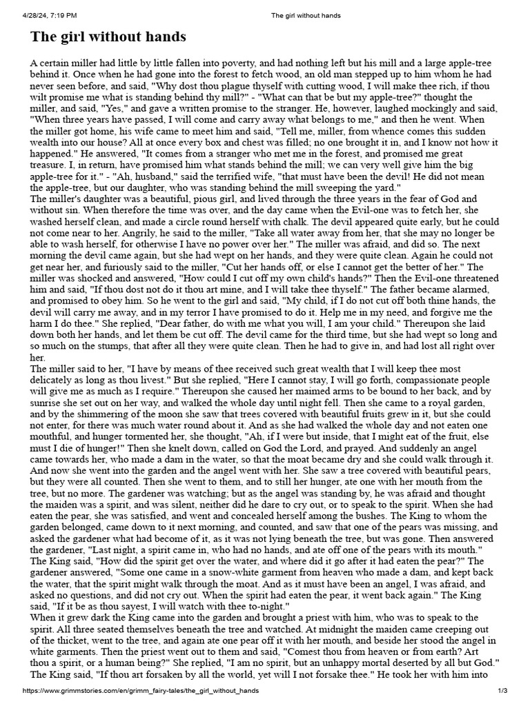 The Girl Without Hands - Grimm | PDF | Thou