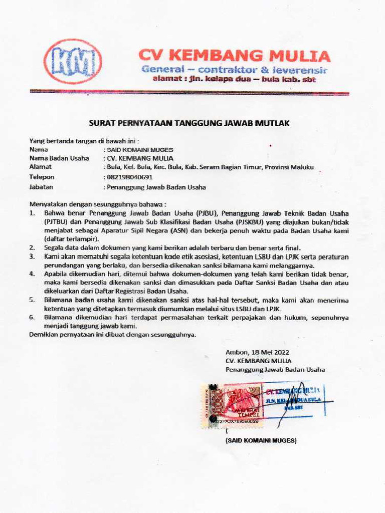 Contoh Pernyataan Tanggungjawab Mutlak | PDF