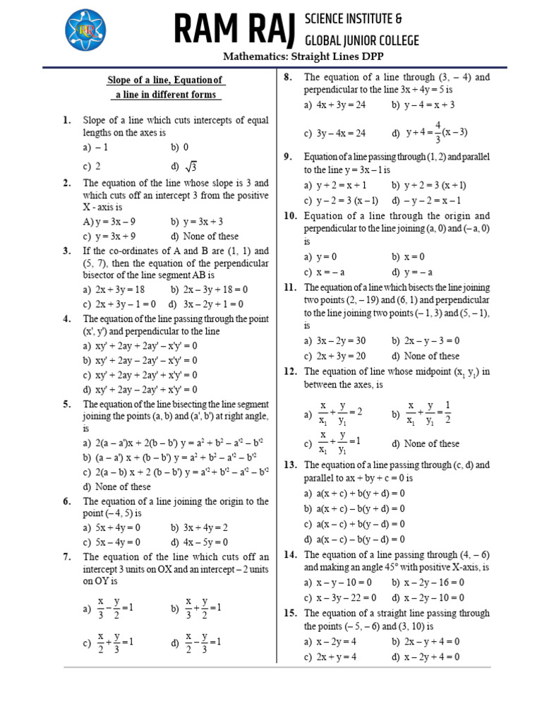 11 Maths Straight Lines-3-5 | PDF | Line (Geometry) | Perpendicular