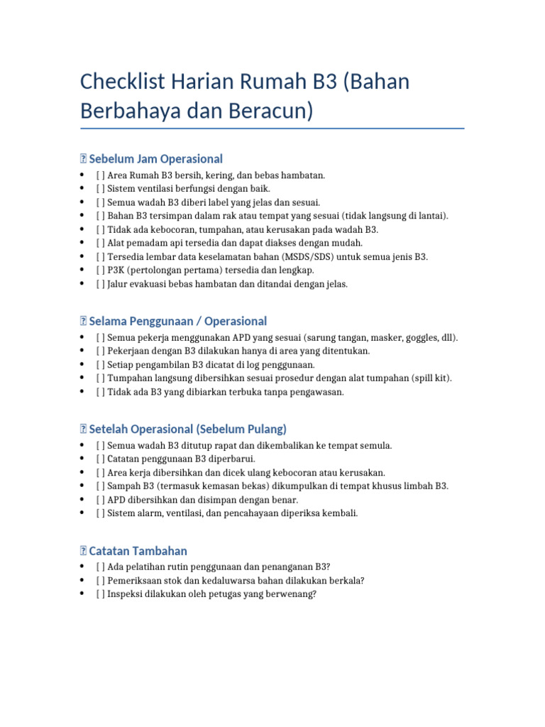 Checklist Harian Rumah B3 | PDF