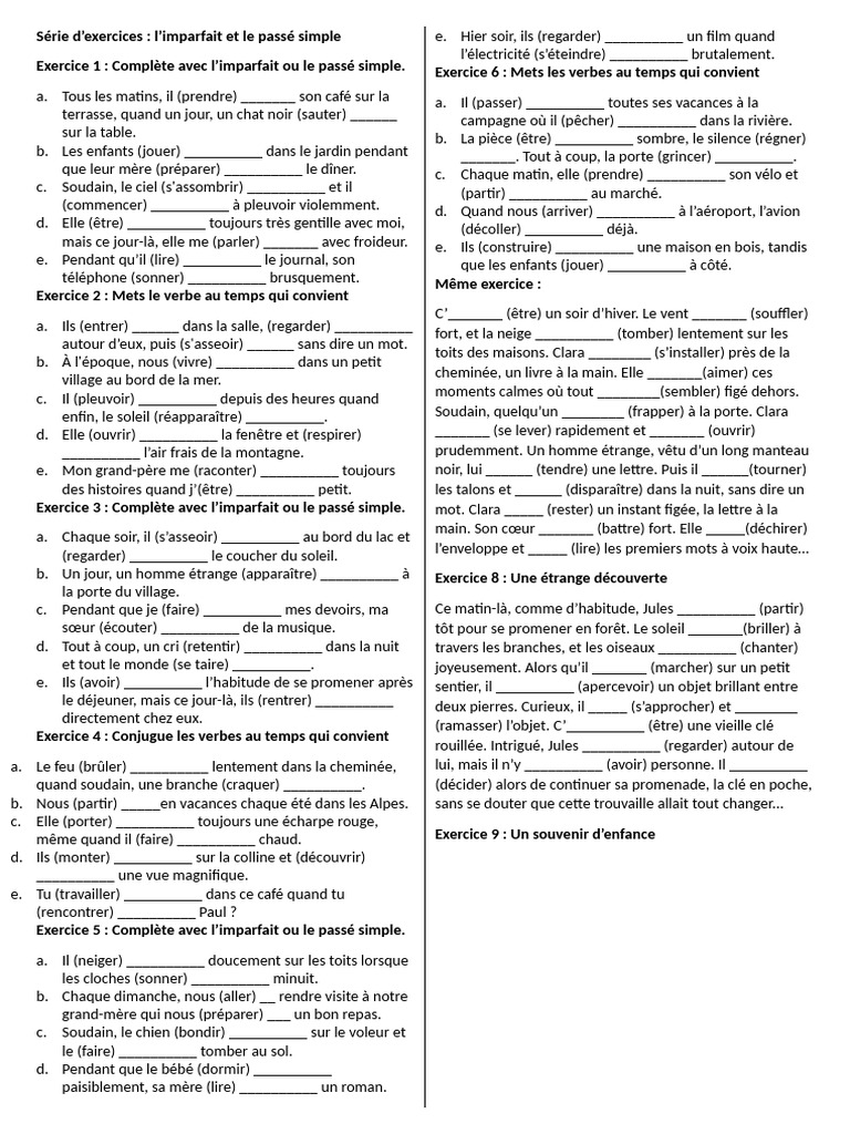 Exercices Imparfait Et Passé Simple | PDF