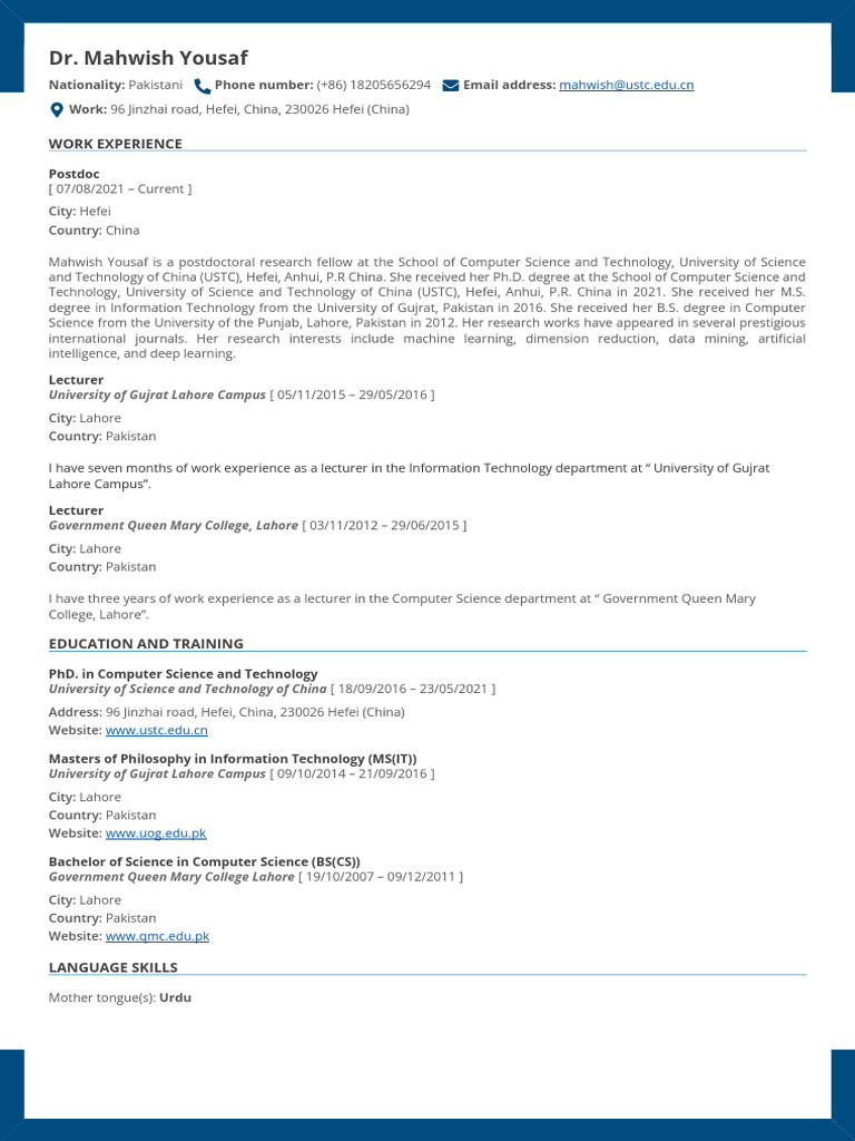 CV - Dr. Mahwish Yousaf | PDF