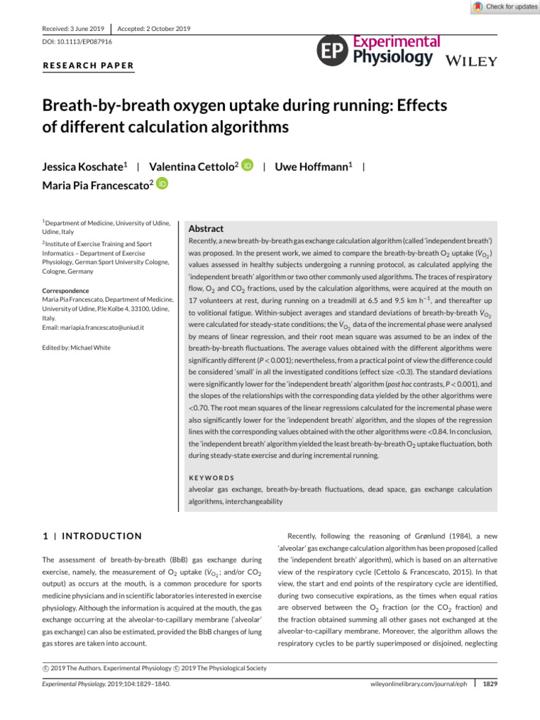 Experimental Physiology - 2019 - Koschate - Breath by Breath Oxygen Uptake During Running ...