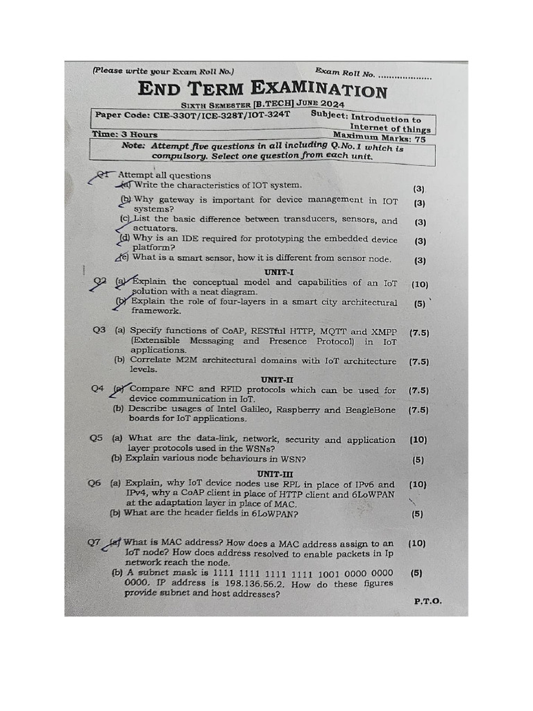 End Term Paper IoT June 2024 | PDF