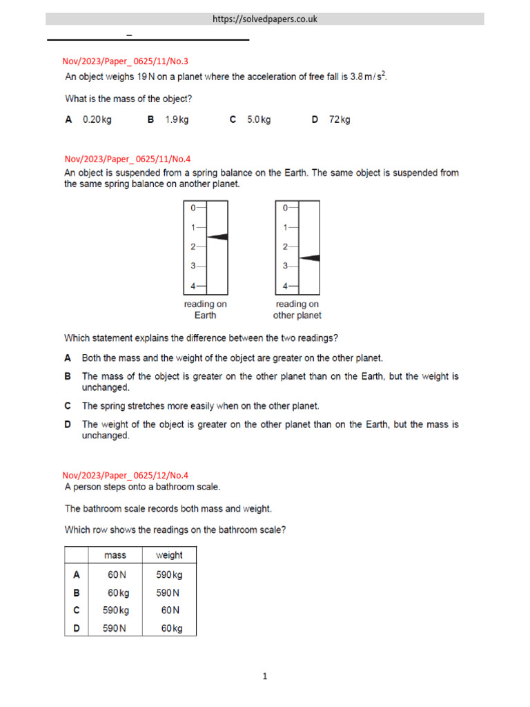 2023 Mass and Weight Igcse Physics 0625 | PDF