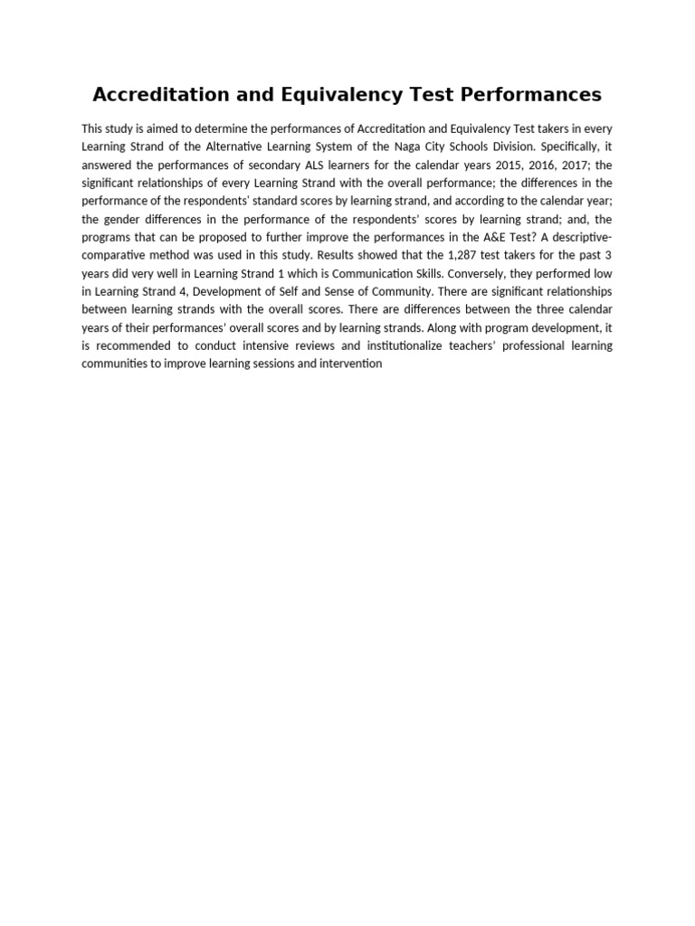 Accreditation and Equivalency Test Performances | PDF