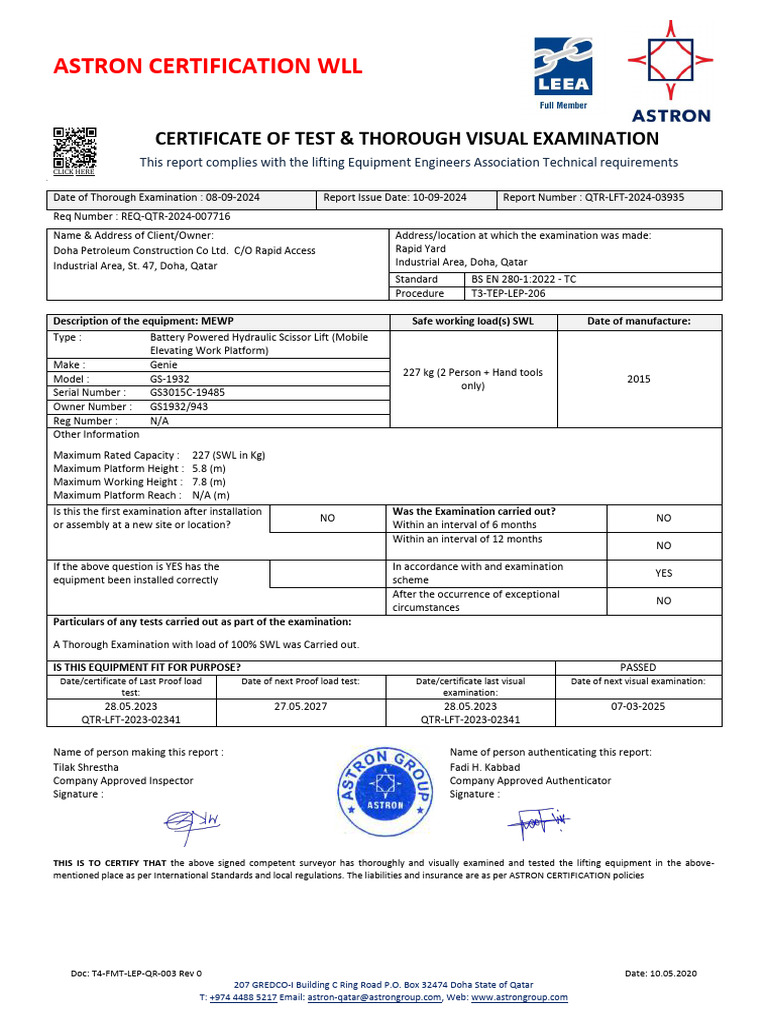 Astron Certification for MEWP Inspection | PDF | Truck | Engines