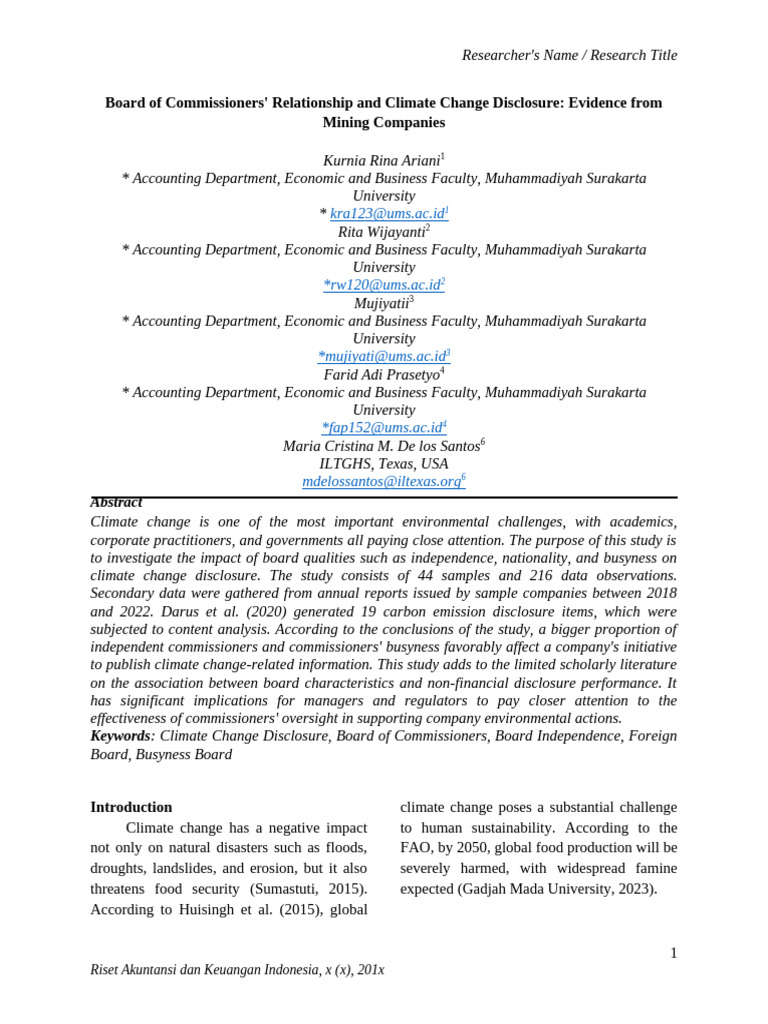 Board of Commissioners - Relationship and Climate Change Disclosure ...
