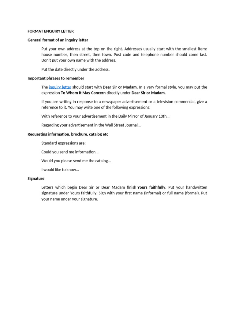 Inquiry Letter Format Guide | PDF
