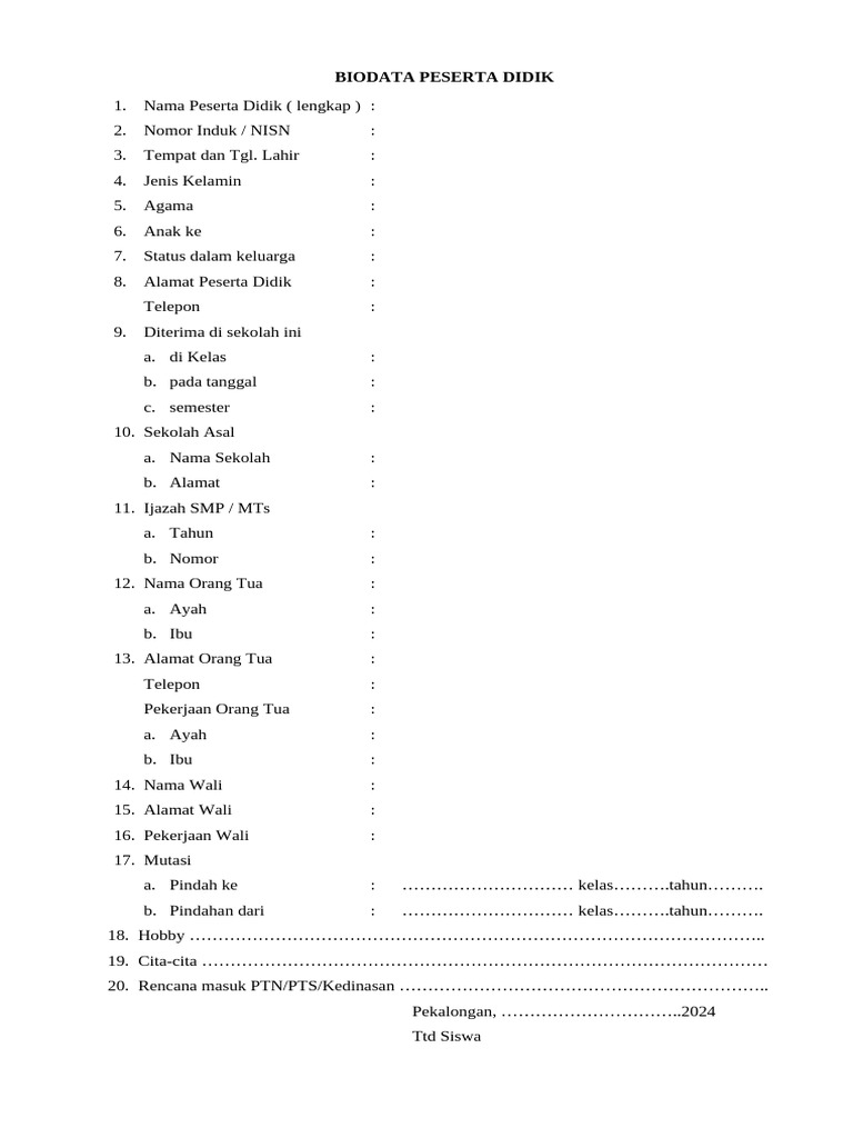 Biodata Siswa Kelas XII 4 SMA3 TP 2425 | PDF