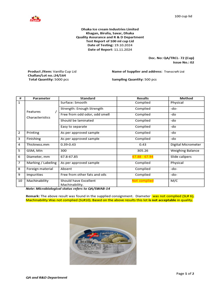Vanilla Cup Lid - Transcraft LTD - CH - (164) - 19.10 | PDF