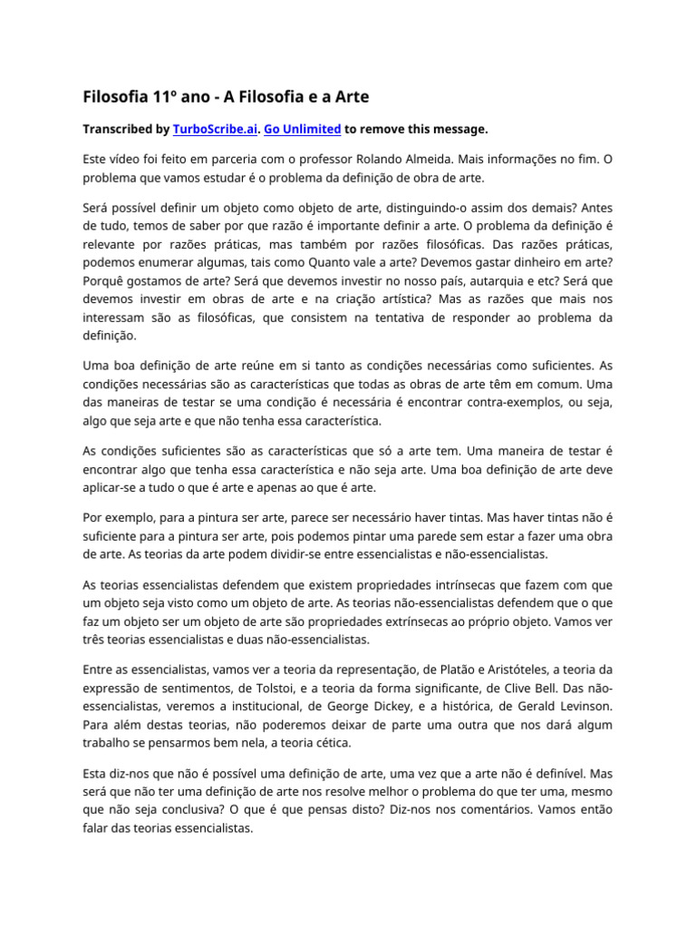 Filosofia 11º Ano - A Filosofia e A Arte ?? | PDF | Estética | Argumento