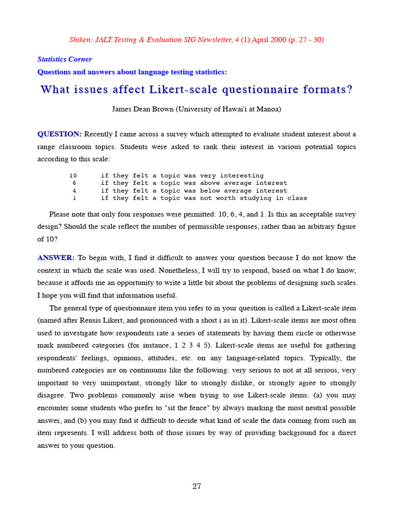 Brown - What Issues Affect Likert Scale Questionnaire Formats | PDF ...