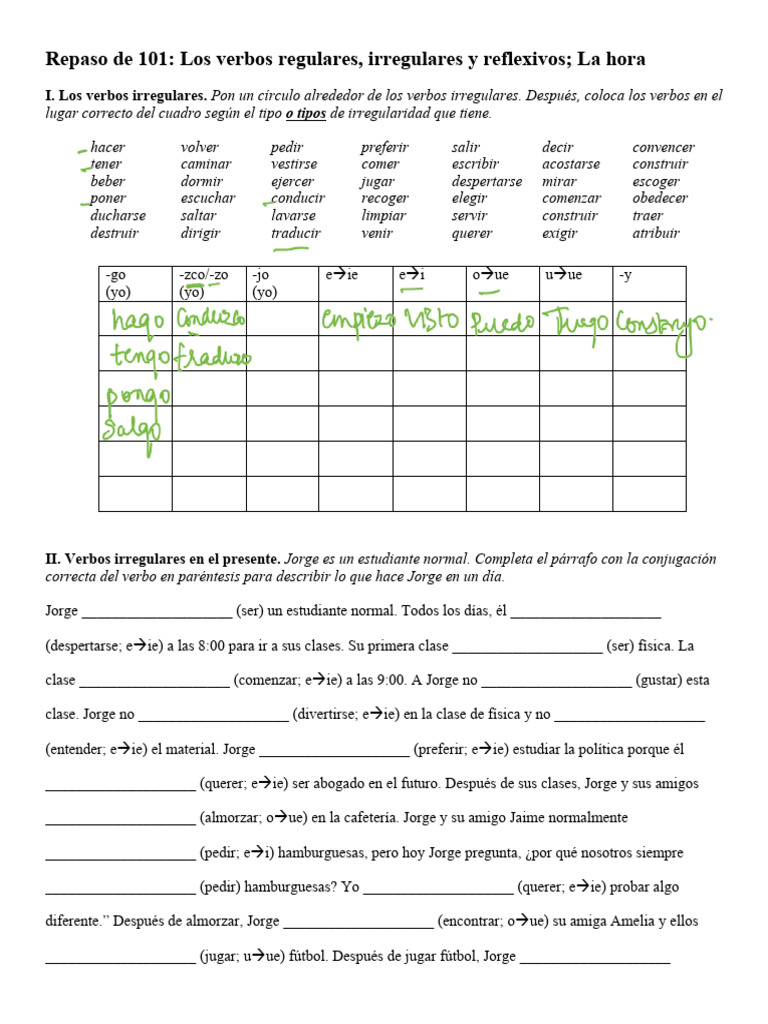 Repaso de 101 Los Verbos Regulares Irregulares y Reflexivos La Hora | PDF