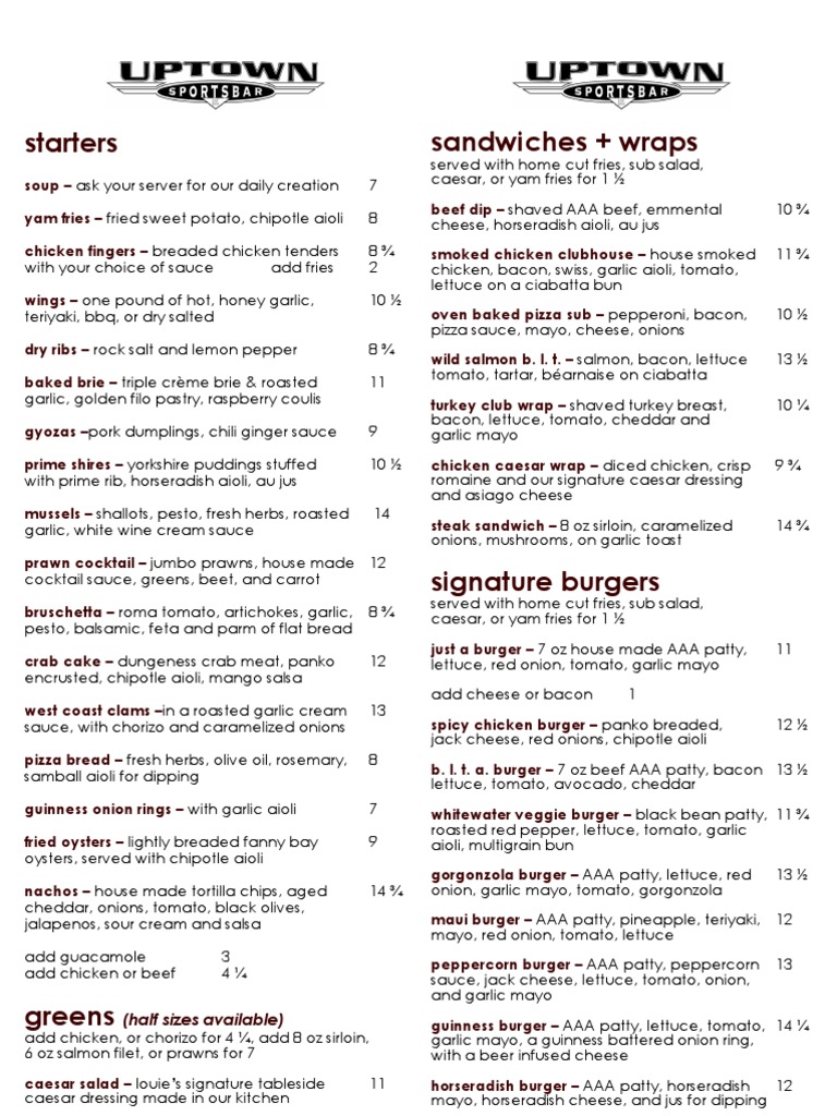 Uptown Tavern Menu Highlights | PDF | Hamburgers | Tomato Sauce