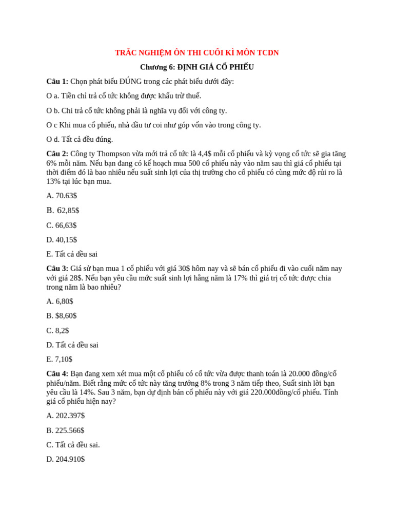 TCDN - TRẮC NGHIỆM ÔN THI CK TỪNG CHƯƠNG | PDF