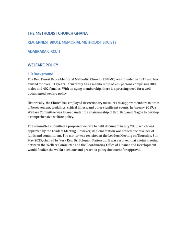Rev Ernest Bruce Memorial Methodist Society Welfare Policy | PDF