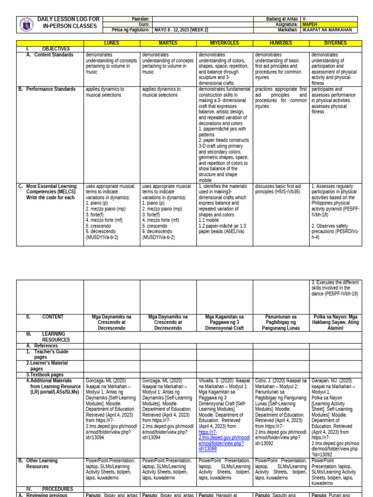 G5 Q4W2 DLL MAPEH MELCs | PDF