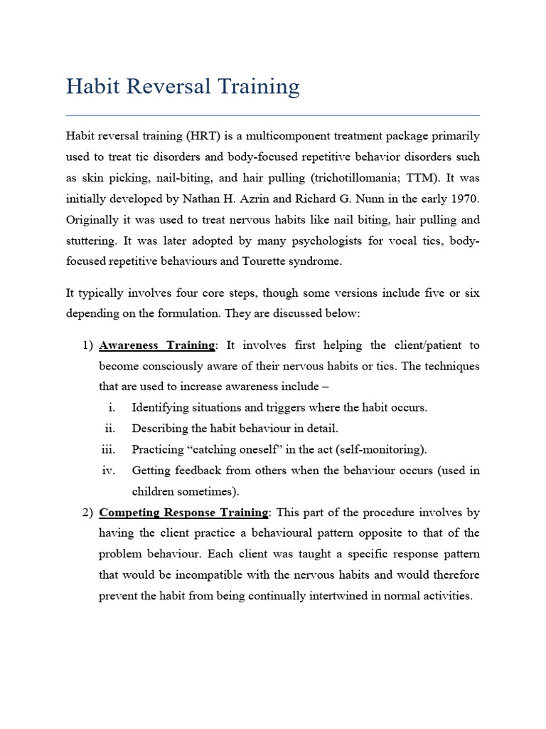 Habit Reversal Training Notes | PDF | Mental Health | Behavioural Sciences