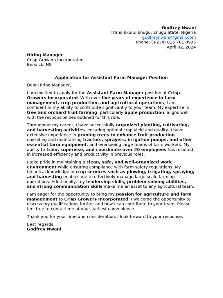 Application for Assistant Farm Manager | PDF