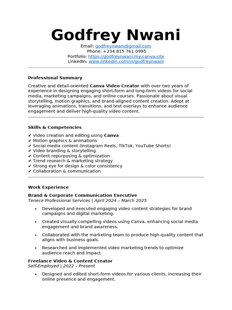 Godfrey Nwani - Canva Creative Video Editor Resume | PDF | Graphic ...