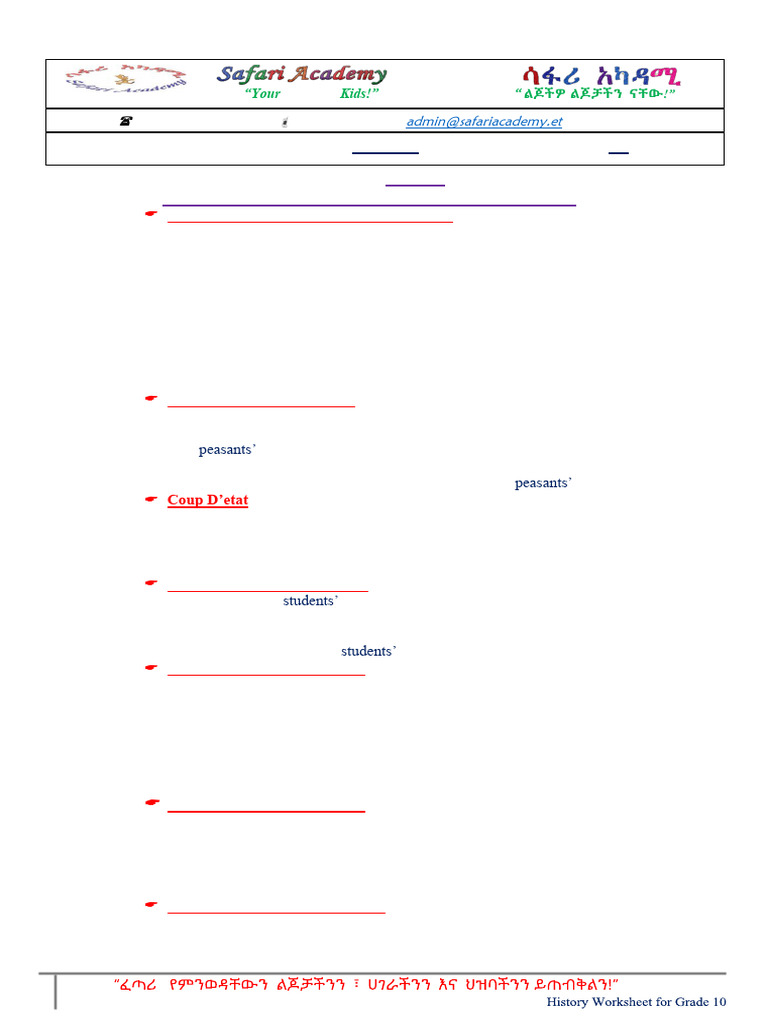 Grade 10 History Worksheet Ethiopia | PDF | Ethiopia | Africa