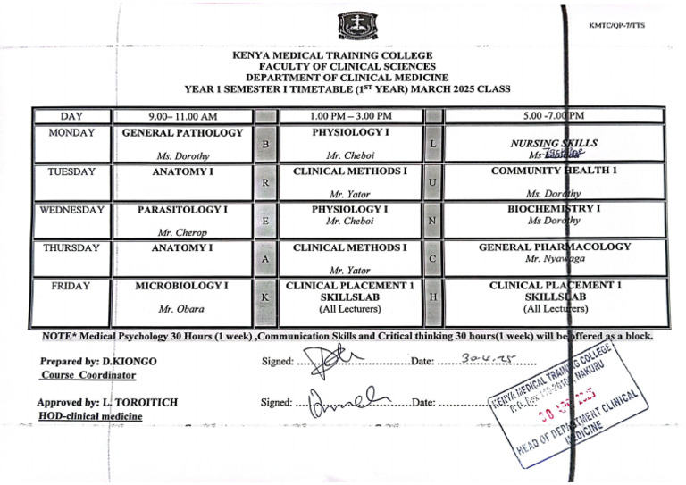 Lecture Classes Timetable For Medical Students | PDF