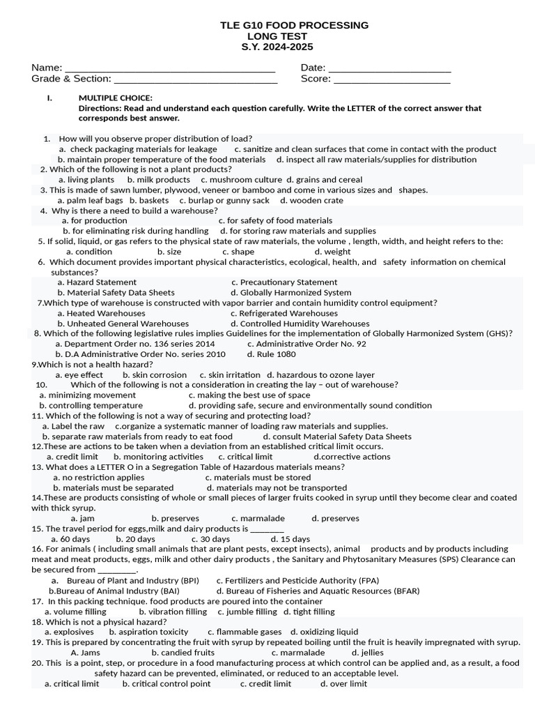 Long Test 4th FINAL | PDF | Fruit Preserves | Warehouse
