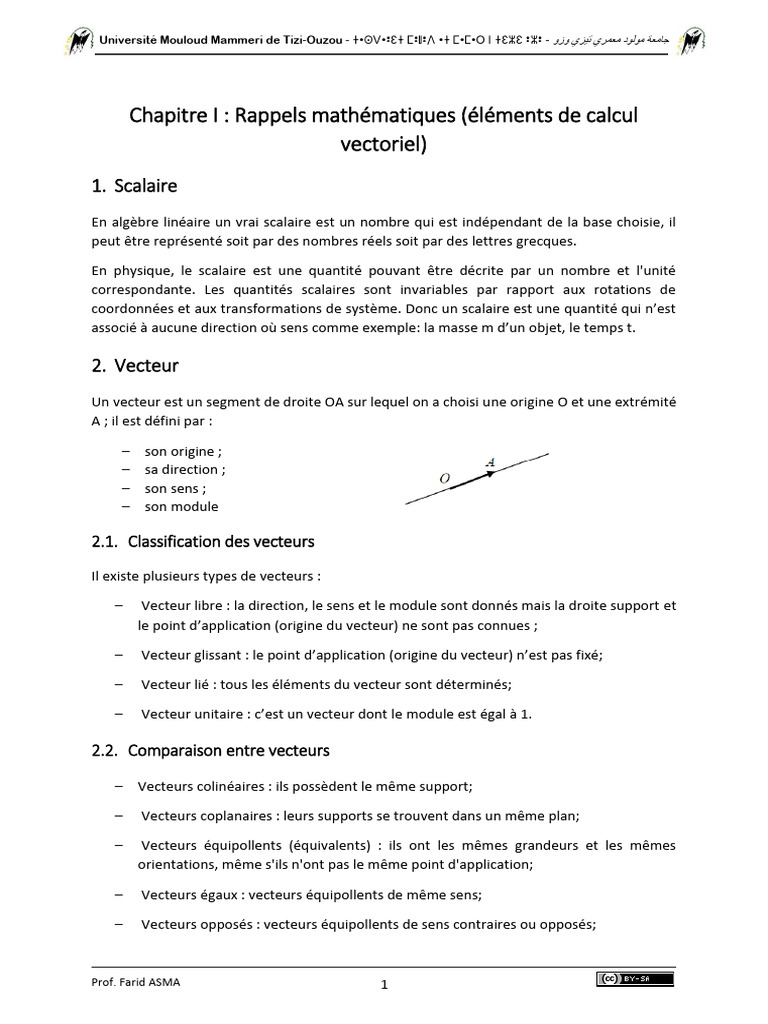 Calcul vectoriel : scalaires et vecteurs | PDF | Scalaire ...