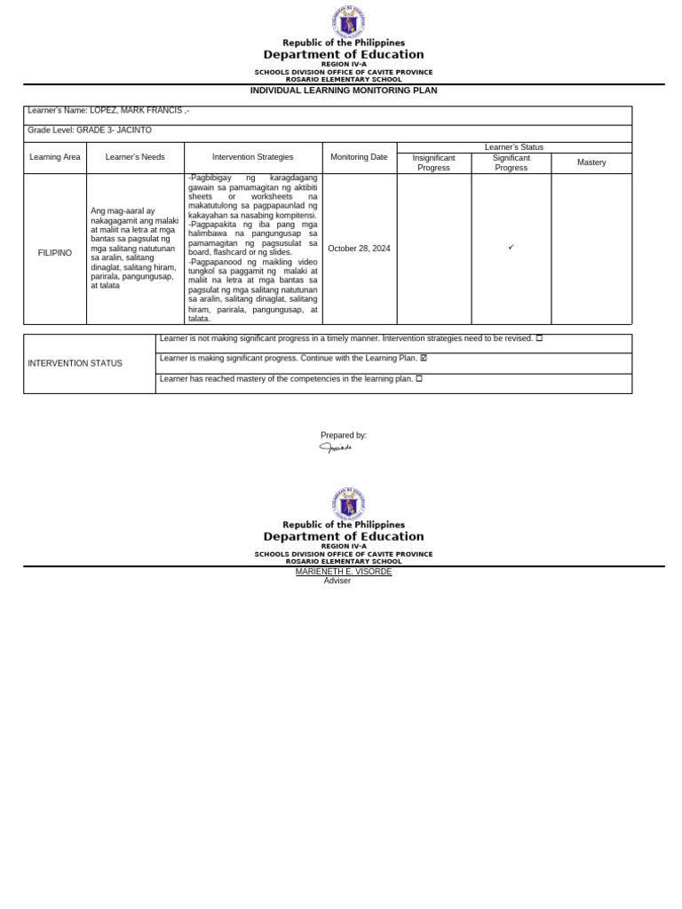 Individual Learning Monitoring Plan | PDF | Philippines–Spain Relations | Philippines