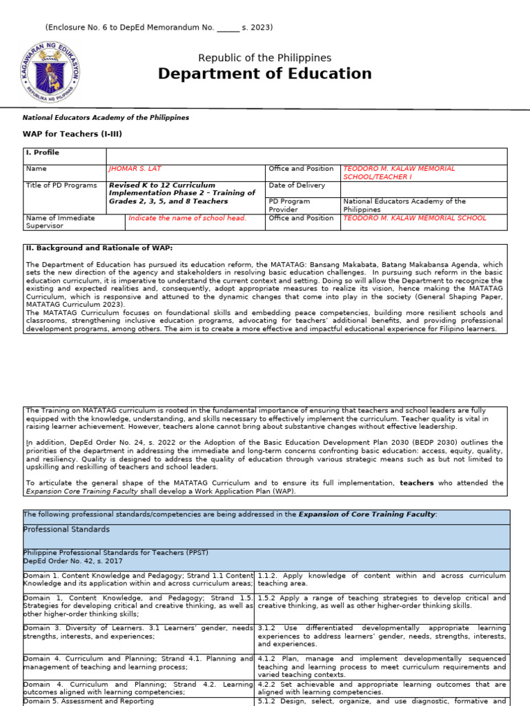 WAP Implementation for Teachers I-III | PDF | Educational Assessment ...