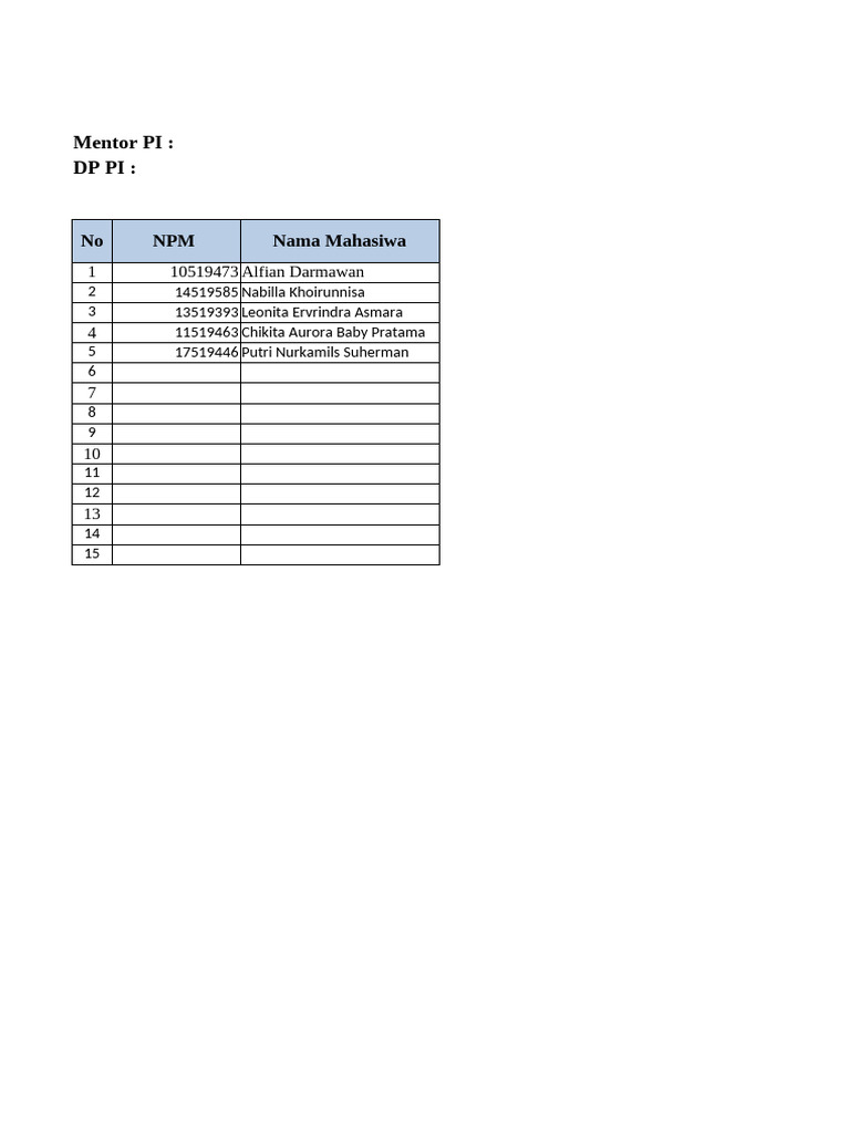 Contoh Format Tabel Excel Ajuan Judul PI Fix | PDF
