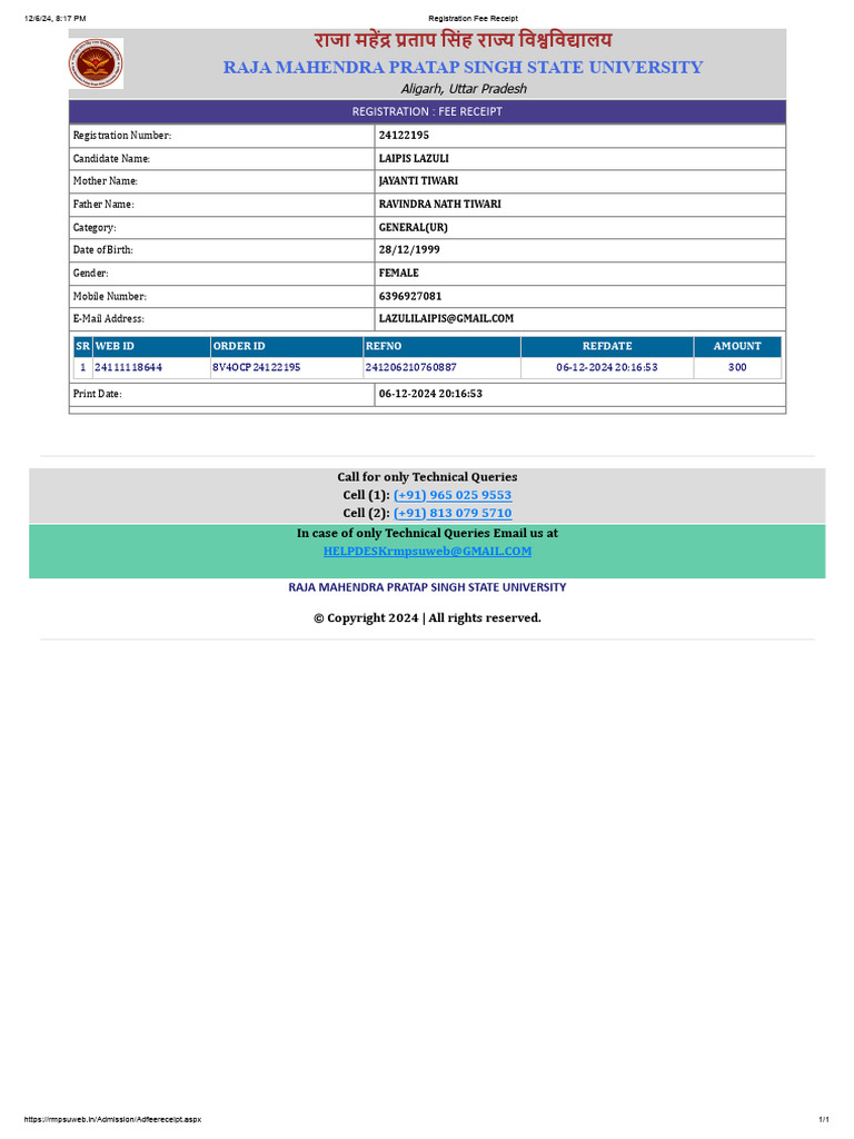 Registration Fee Receipt Download | PDF