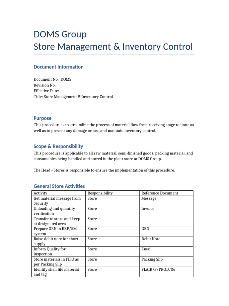 DOMS Store Management Inventory Control | PDF