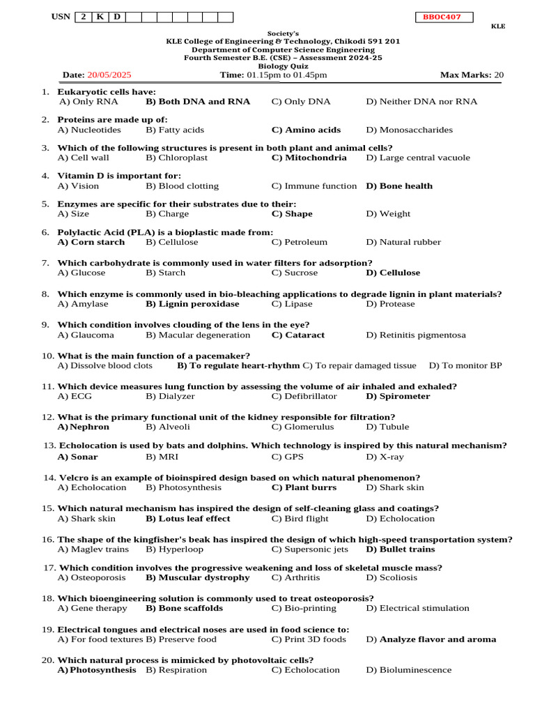 Quiz - BBOC407 - 20-05-2025 | PDF | Cell (Biology) | Lignin