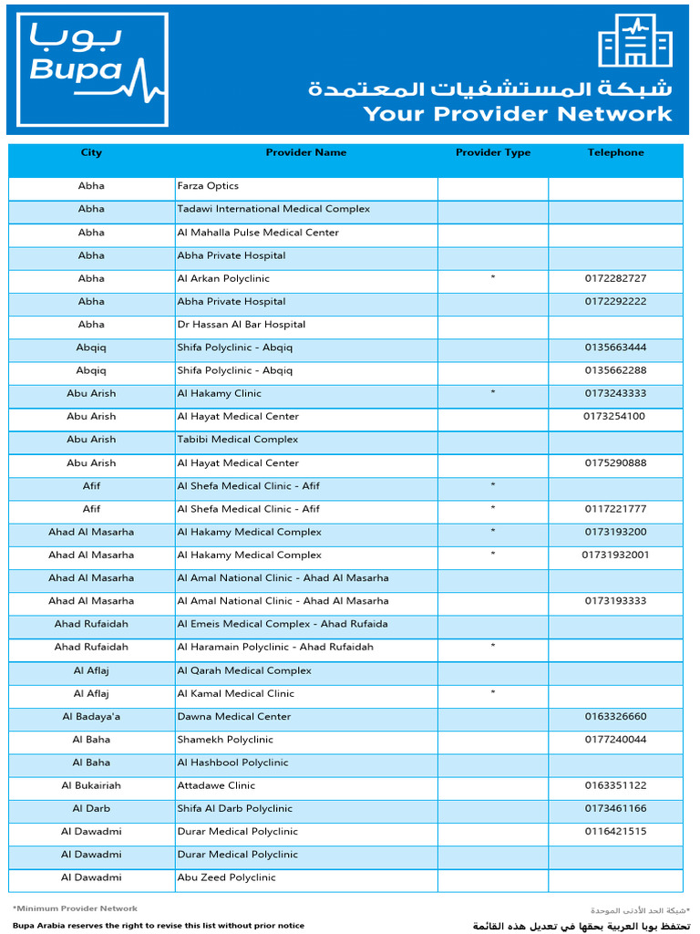 City Provider Name Provider Type Telephone | PDF | Clinic | Saudi Arabia