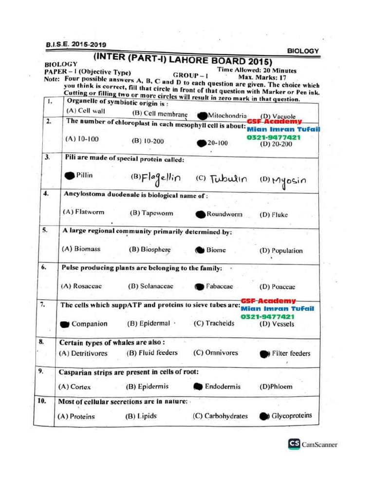 11th Biology Past MCQs | PDF
