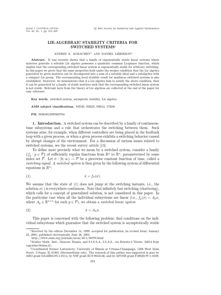 A. A. Agrachev D. Liberzon 2001 Lie-Algebraic Stability Criteria For Switched Systems | PDF ...