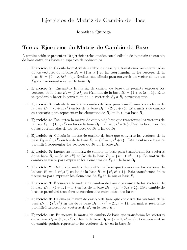 Algebra Matriz Cambio de Base | PDF | Matriz (Matemáticas) | Vector ...