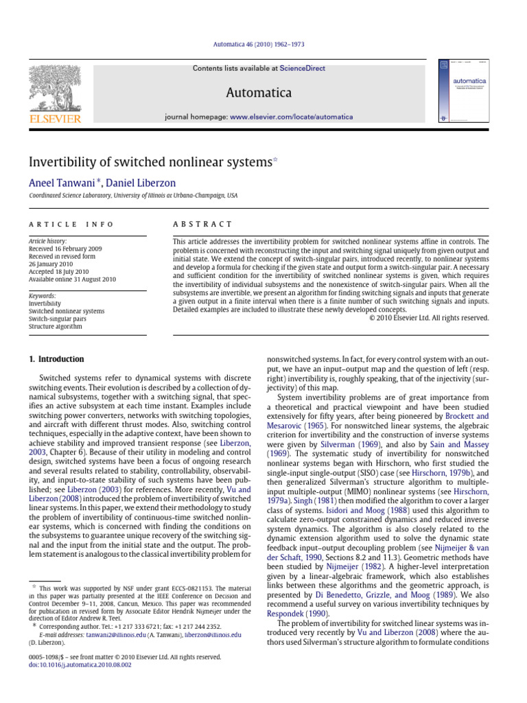 A. Tanwani and D Liberzon 2010 Invertibility of Switched Nonlinear Systems | PDF | Function ...