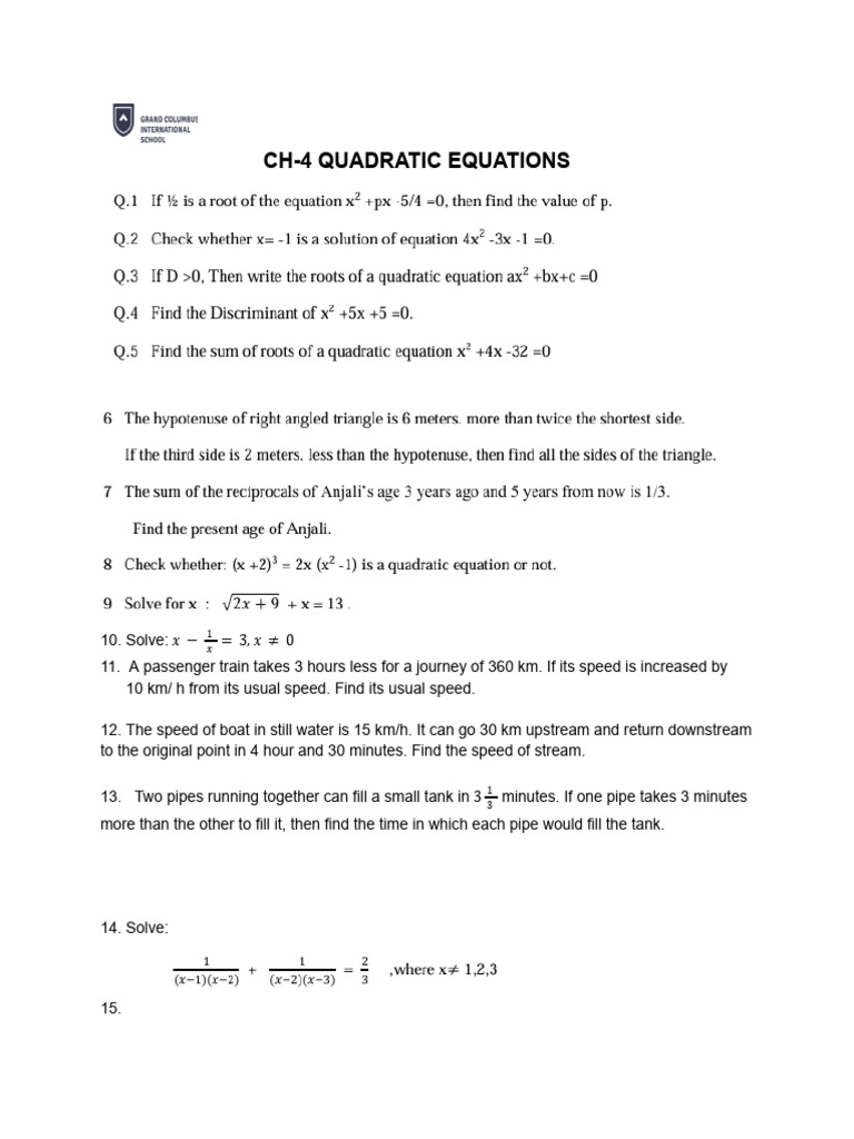Ch4 Quadratic Equations Assignment | PDF