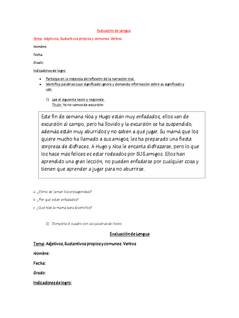 Evaluación de Lengua 3ro Marzo | PDF