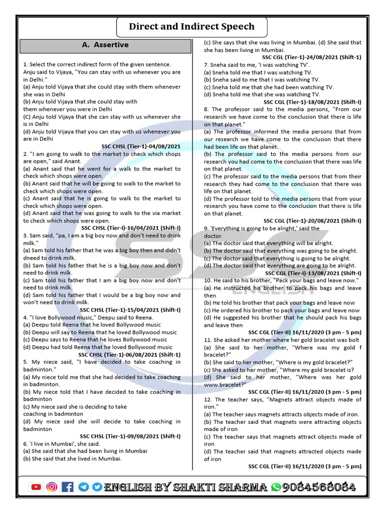 Direct and Indirect Speech. | PDF