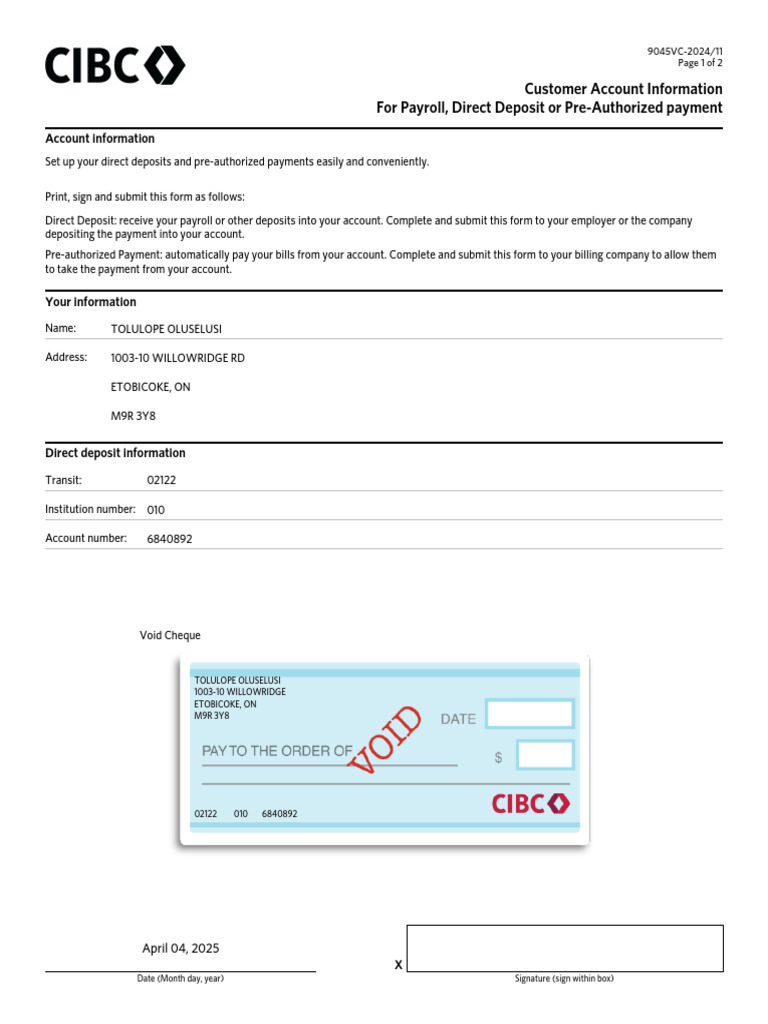 CIBC Void Cheque - Direct Deposit Form | PDF | Cheque | Payments