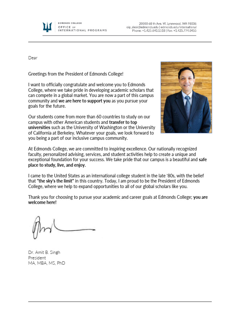Welcome Letter From President | PDF
