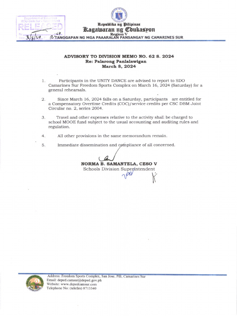 Advisory To Division Memo No. 62 S 2024 Re Palarong Panlalawigan | PDF