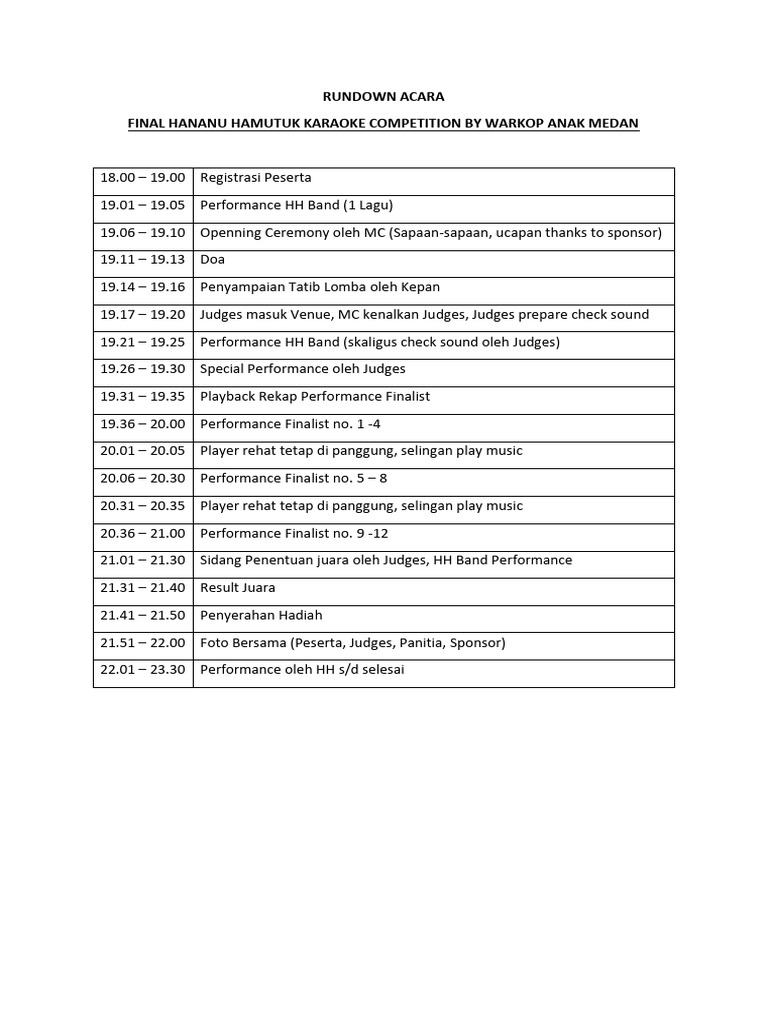 Rundown Acara Final HH Karaoke Competition | PDF